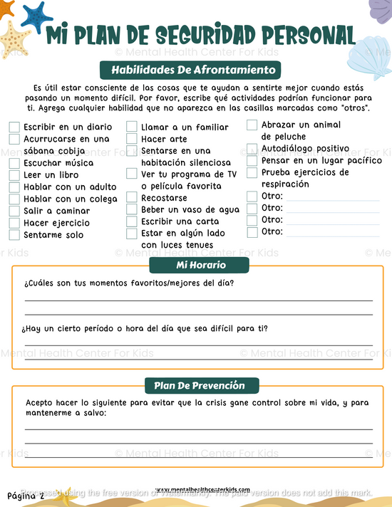 Safety Plan Worksheets (Spanish Version) – Mental Health Center Kids
