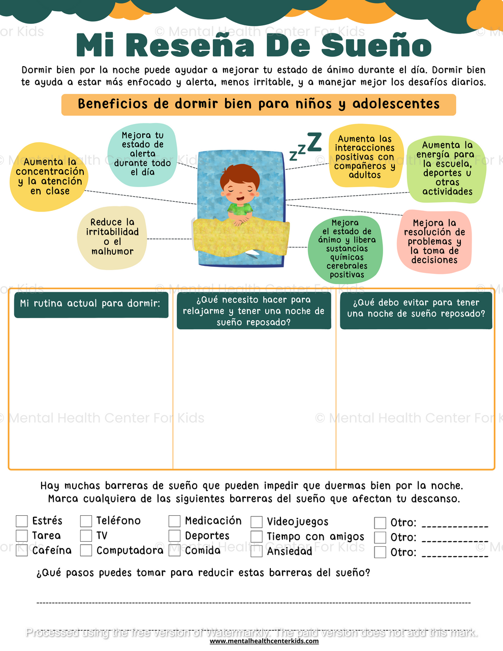 Sleep Hygiene Worksheets (Spanish Version) – Mental Health Center Kids