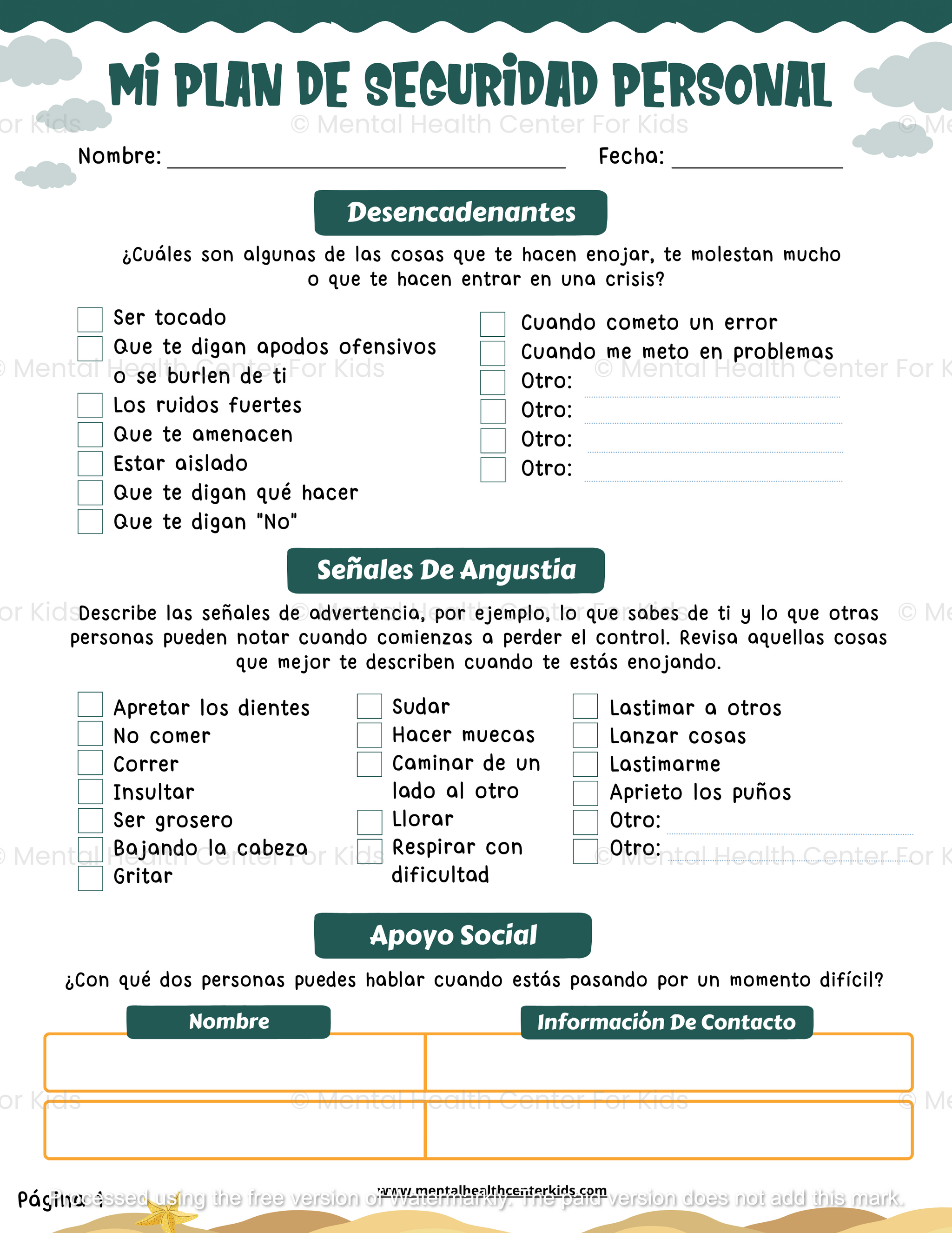 Safety Plan Worksheets (Spanish Version) – Mental Health Center Kids