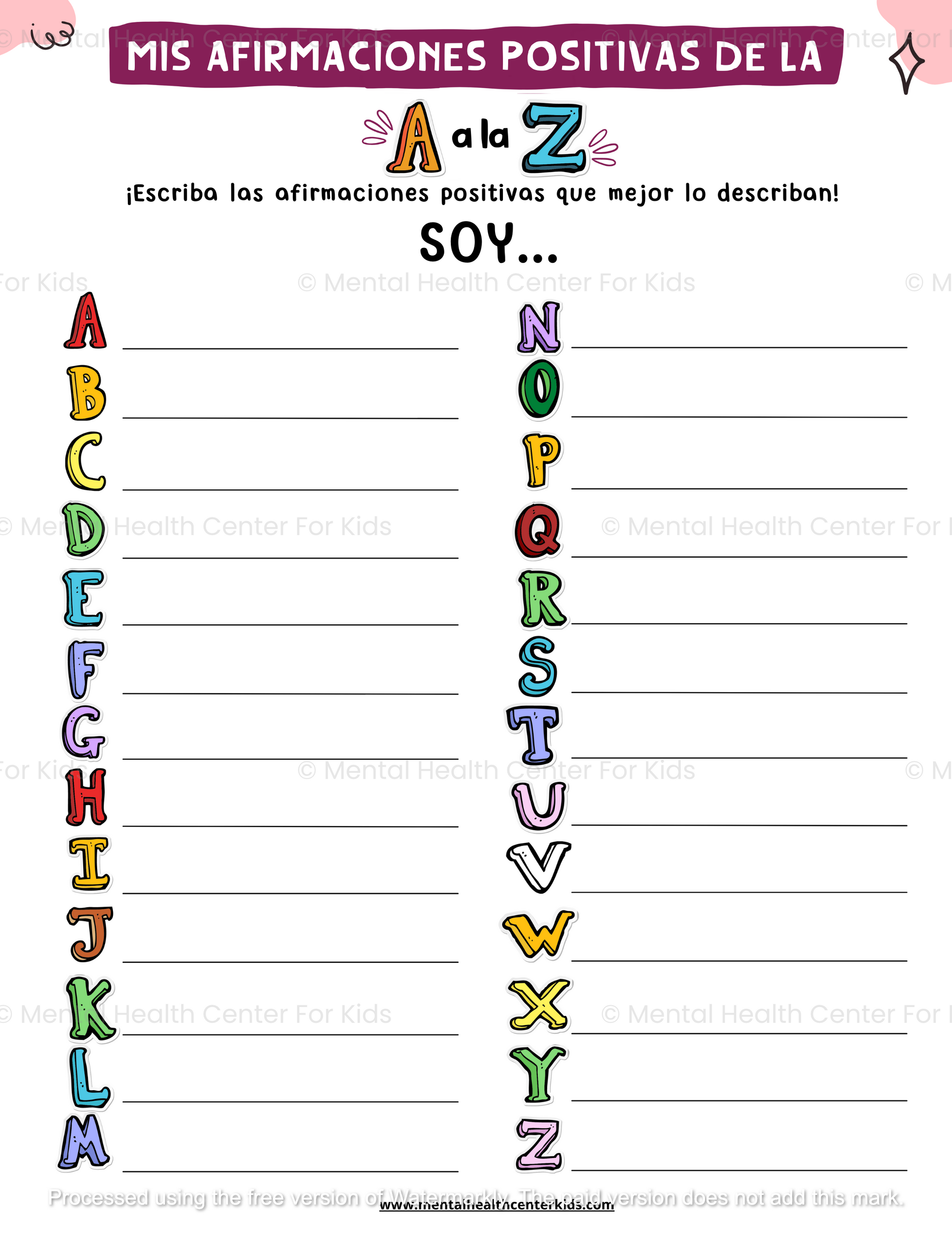 My Positive Affirmations From A-Z Worksheet (Spanish Version) – Mental ...