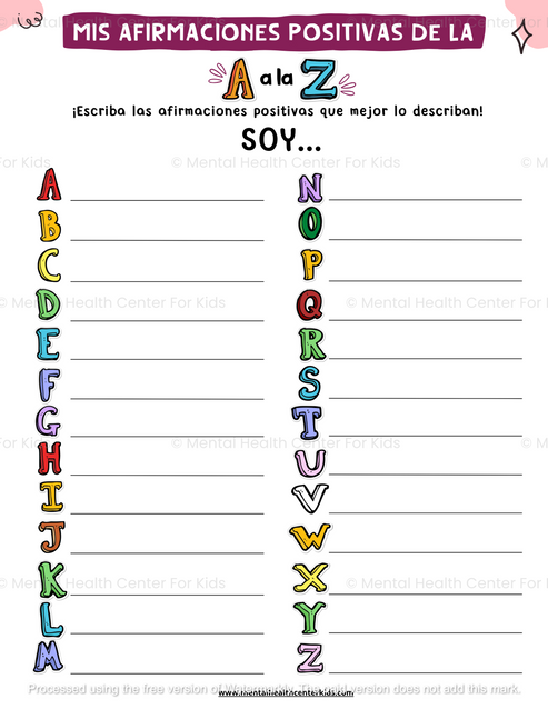 My Positive Affirmations From A-Z Worksheet (Spanish Version) – Mental ...