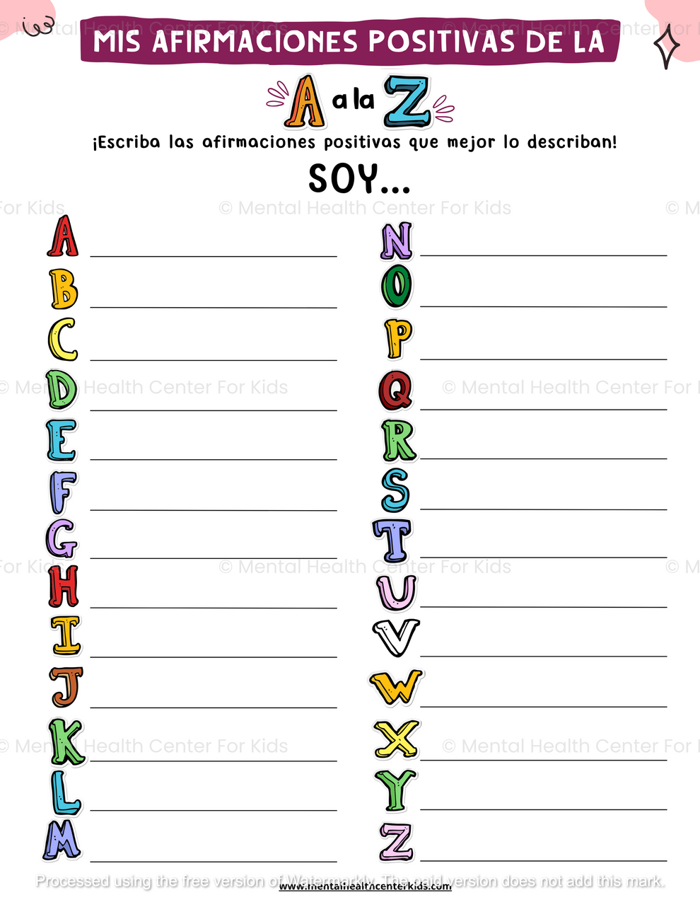 My Positive Affirmations From A-Z Worksheet (Spanish Version) – Mental ...