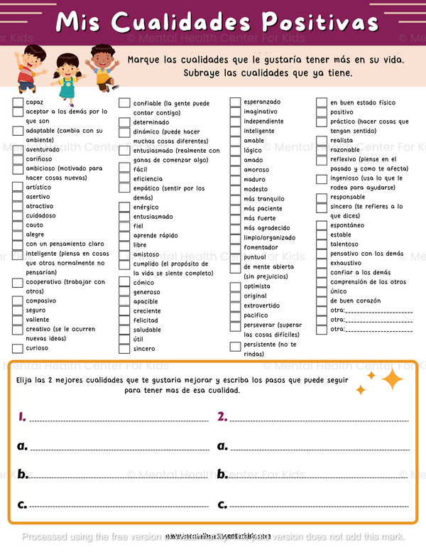 My Positive Qualities Worksheet (Spanish Version) – Mental Health ...