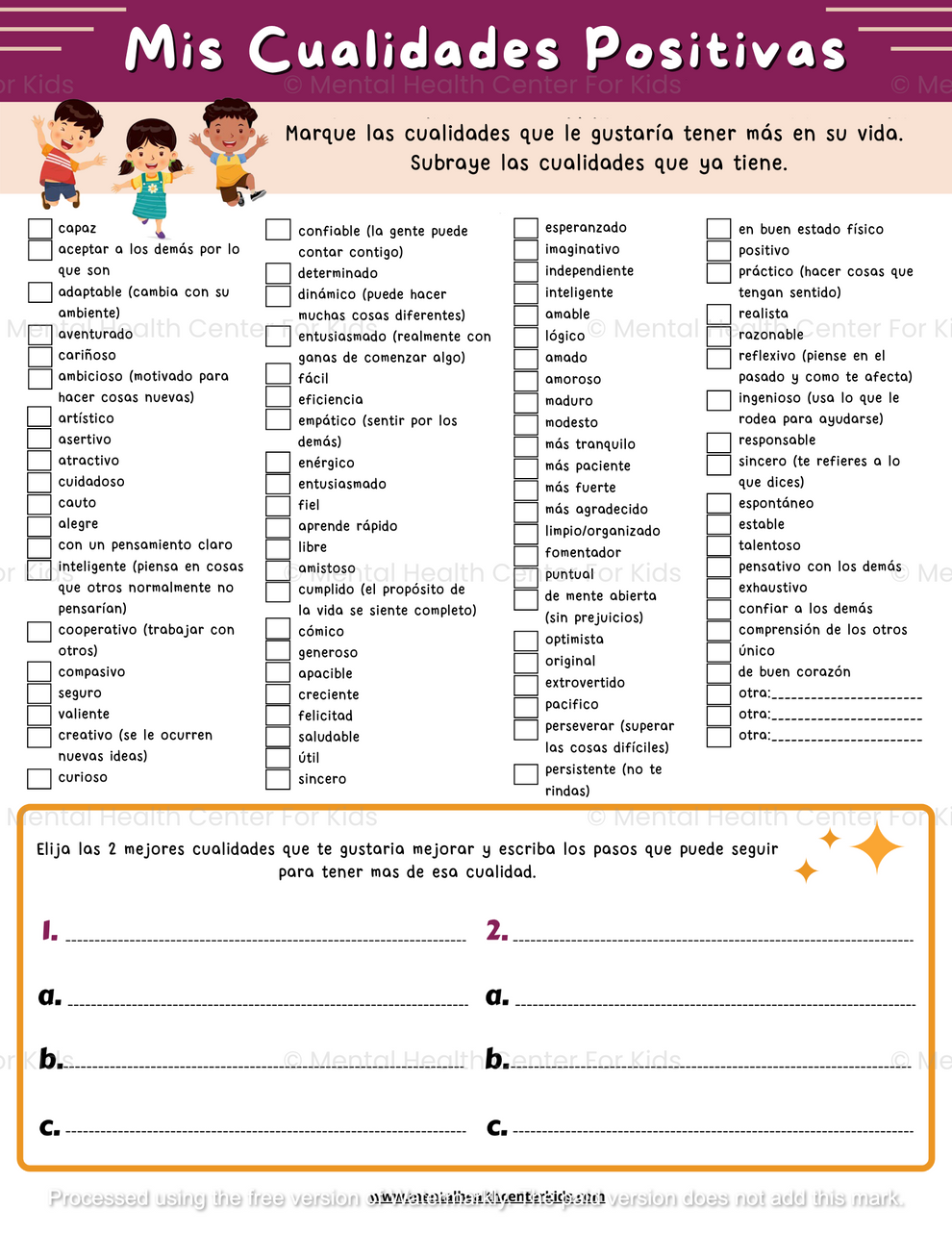 My Positive Qualities Worksheet (Spanish Version) – Mental Health ...