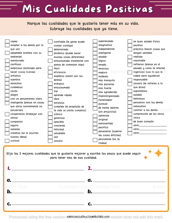 My Positive Qualities Worksheet (Spanish Version) – Mental Health ...