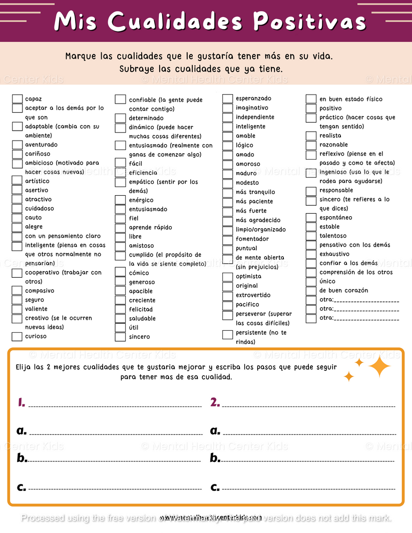 My Positive Qualities Worksheet (Spanish Version) – Mental Health ...