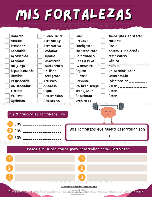 My Strengths Worksheet (Spanish Version) – Mental Health Center Kids