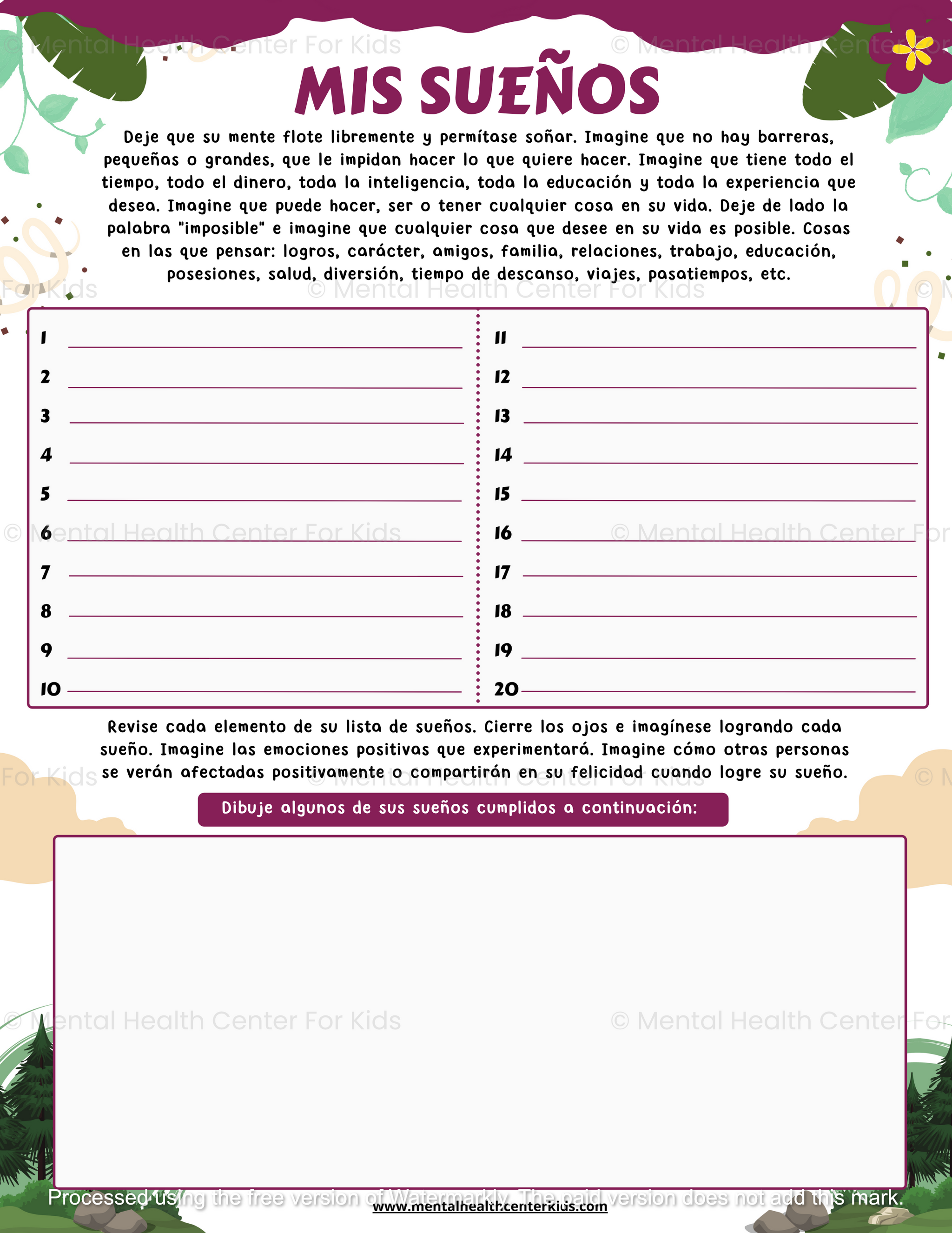 My Dreams List Worksheet (Spanish Version) – Mental Health Center Kids