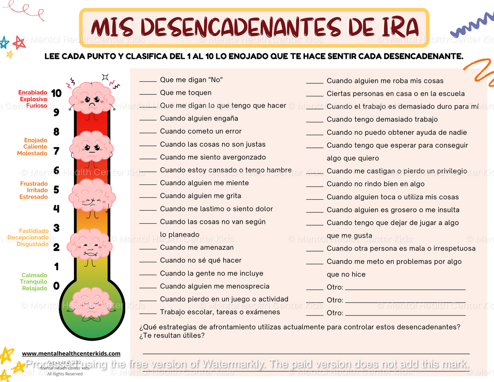 My Anger Triggers Worksheet (Spanish Version) – Mental Health Center Kids