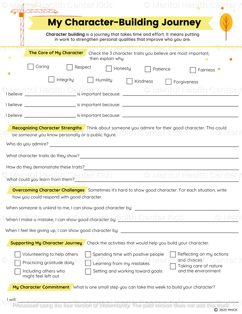 Character Building Worksheets (2 Pages) – Mental Health Center Kids
