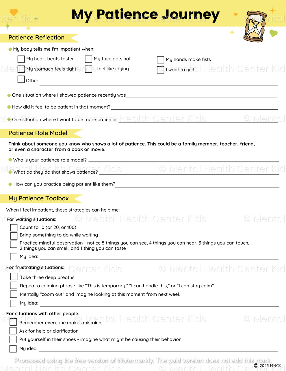 Patience Worksheets (2 Pages) – Mental Health Center Kids