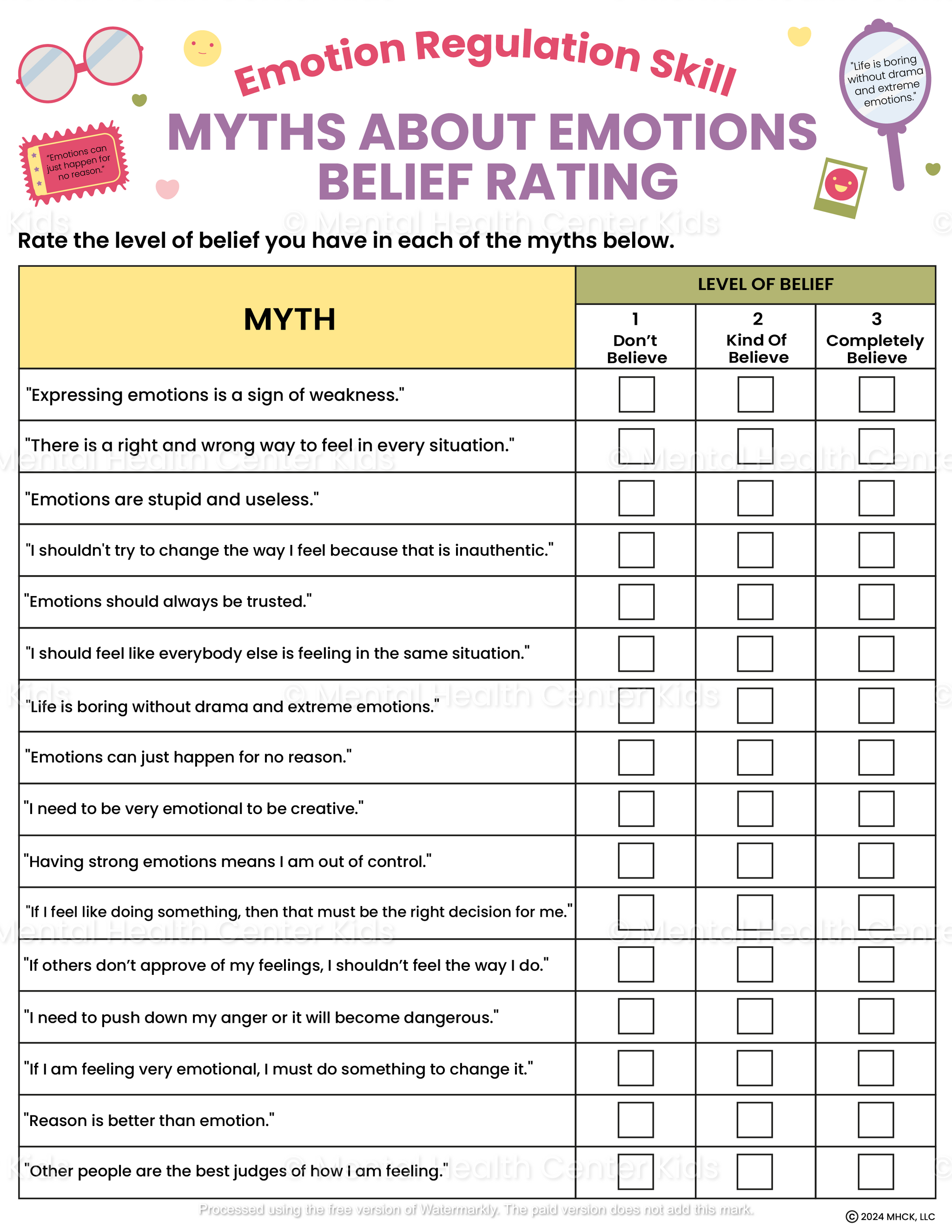 Myths About Emotions DBT Worksheets – Mental Health Center Kids