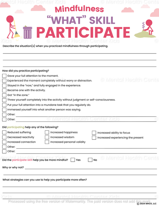 DBT Mindfulness "What" Skills Worksheets – Mental Health Center Kids