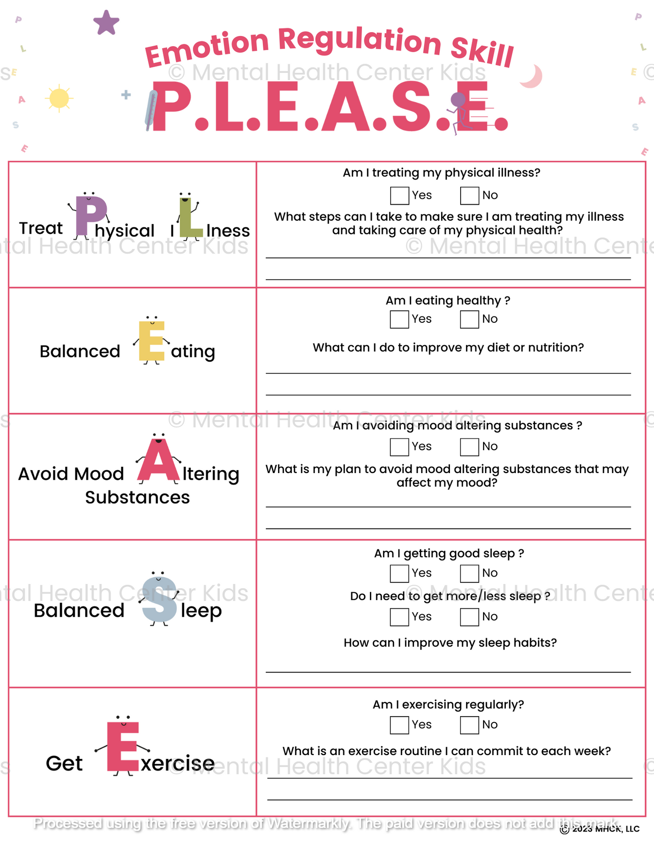 DBT PLEASE Skills Worksheet – Mental Health Center Kids
