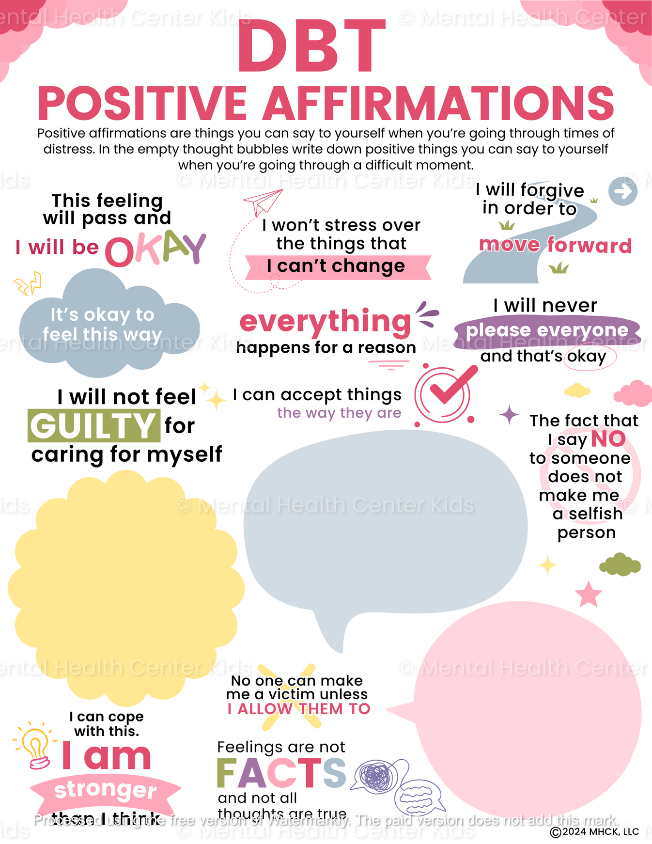 DBT Positive Affirmations Worksheet – Mental Health Center Kids