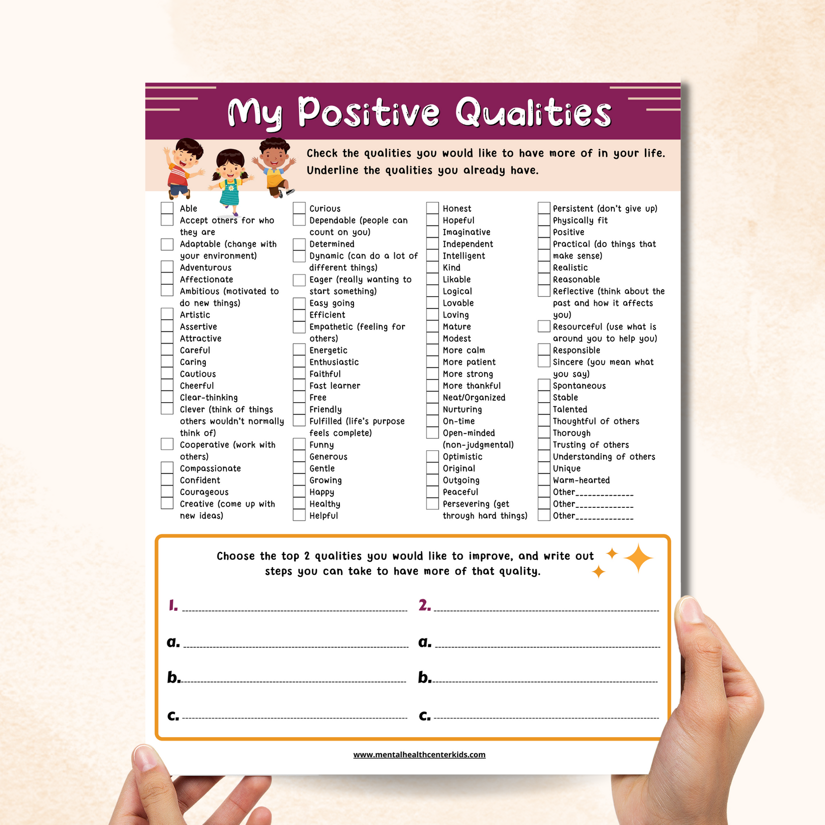 My Positive Qualities Worksheet – Mental Health Center Kids