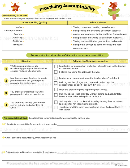 Accountability Worksheets (2 Pages) – Mental Health Center Kids
