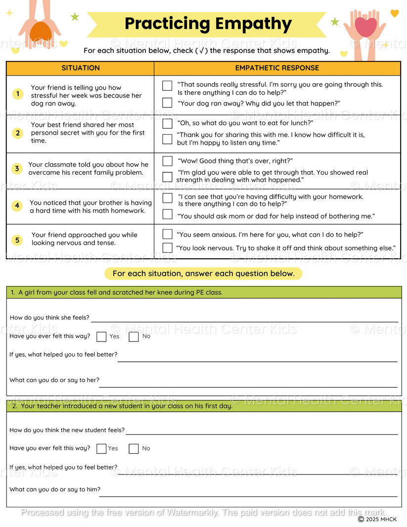 Empathy Worksheets (2 Pages) – Mental Health Center Kids
