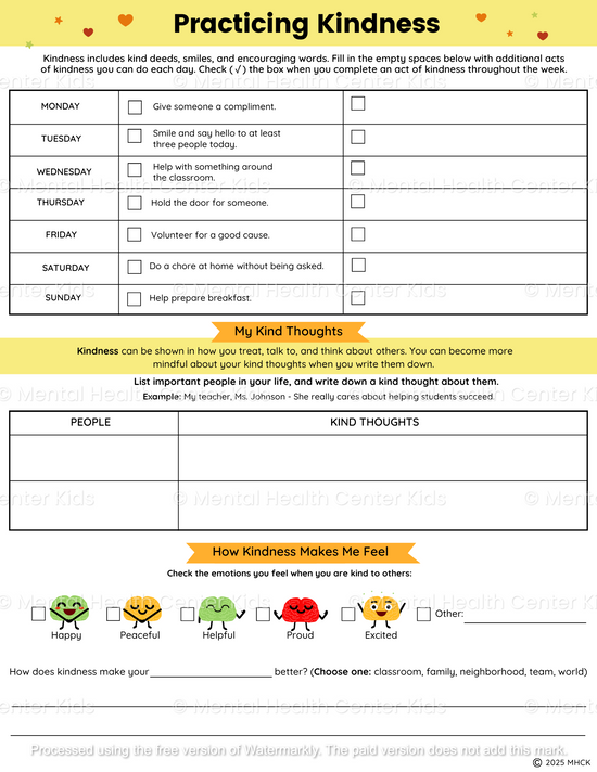 Kindness Worksheets (2 Pages) – Mental Health Center Kids