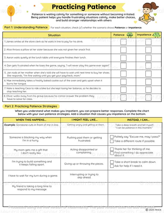 Patience Worksheets (2 Pages) – Mental Health Center Kids