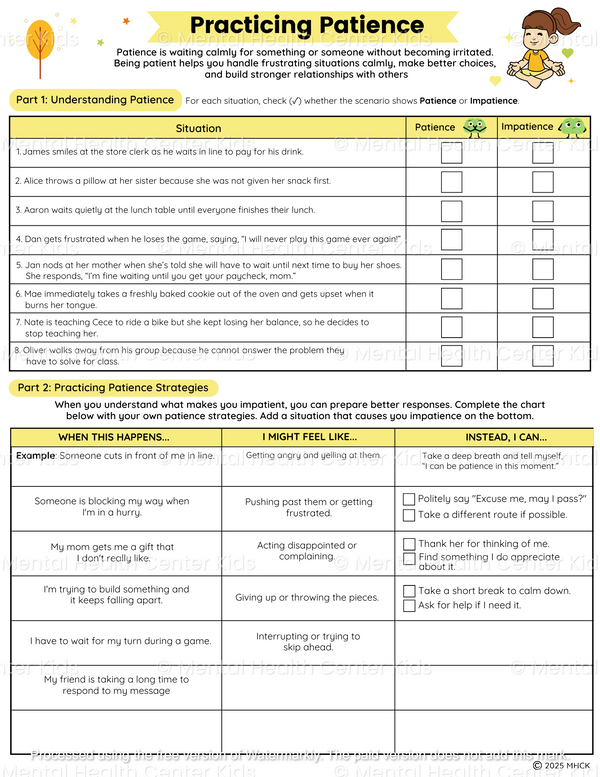 Patience Worksheets (2 Pages) – Mental Health Center Kids