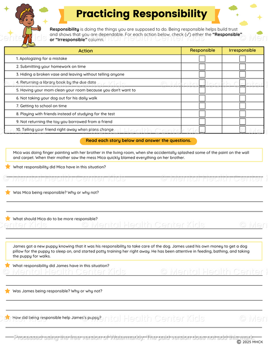 Responsibility Worksheets (2 Pages) – Mental Health Center Kids