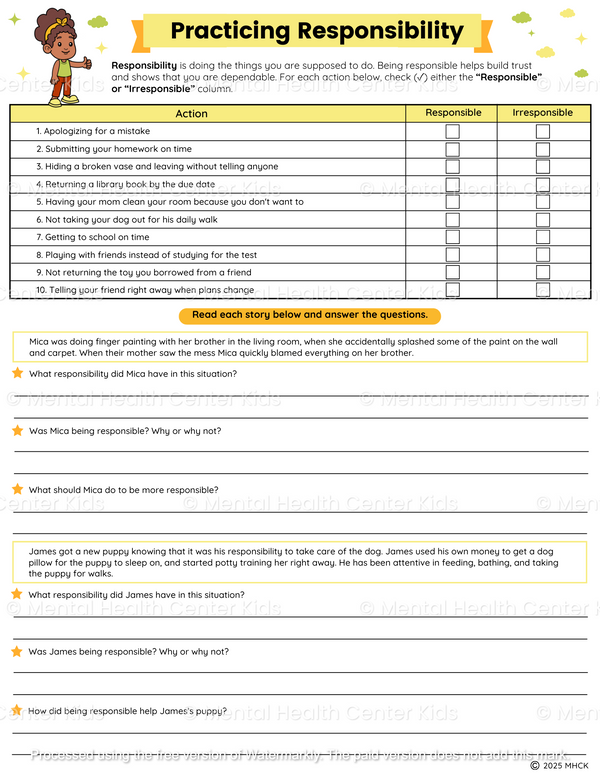 Responsibility Worksheets (2 Pages) – Mental Health Center Kids
