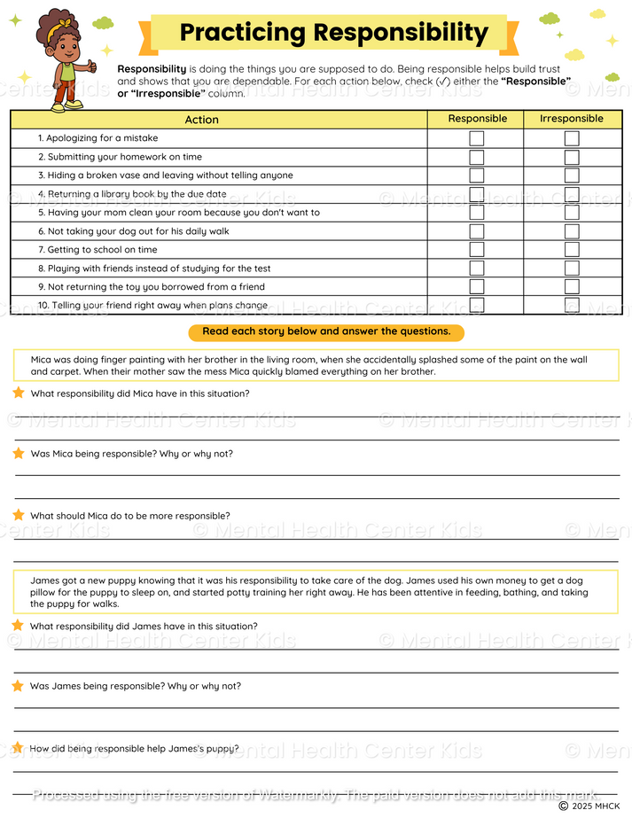 Responsibility Worksheets (2 Pages) – Mental Health Center Kids