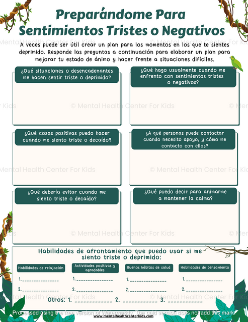 Preparing For Sad Or Negative Feelings Worksheet (Spanish Version ...