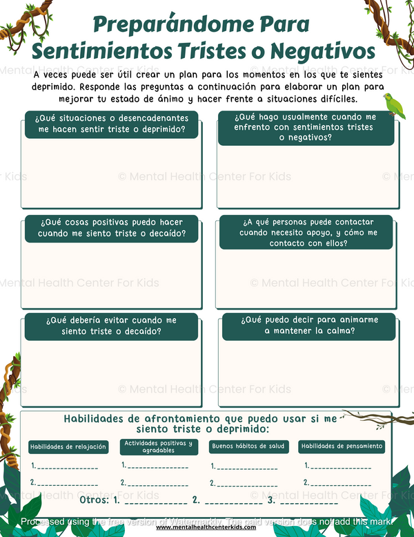 Preparing For Sad Or Negative Feelings Worksheet (Spanish Version ...
