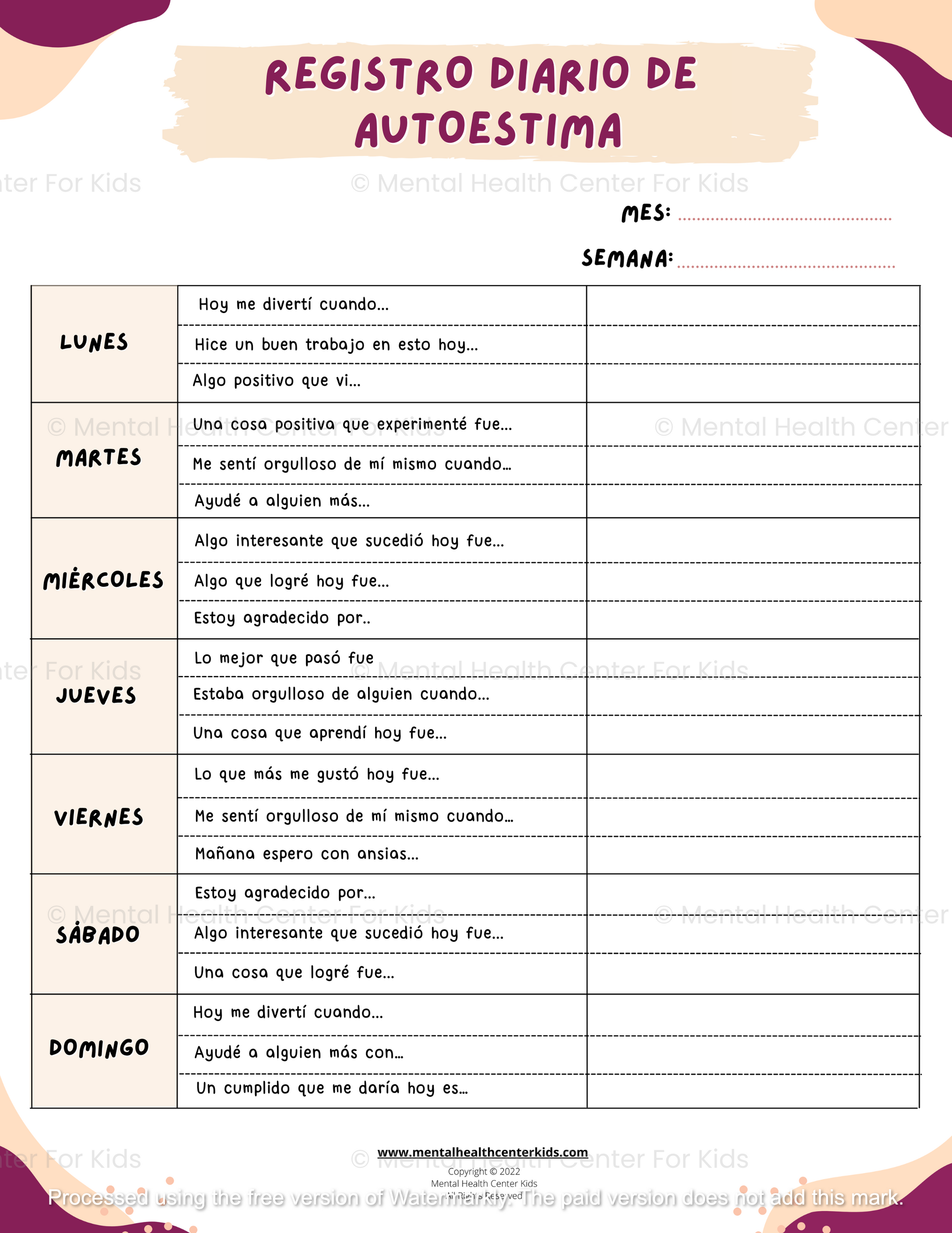 Self-Esteem Daily Check In Worksheet (Spanish Version) – Mental Health ...