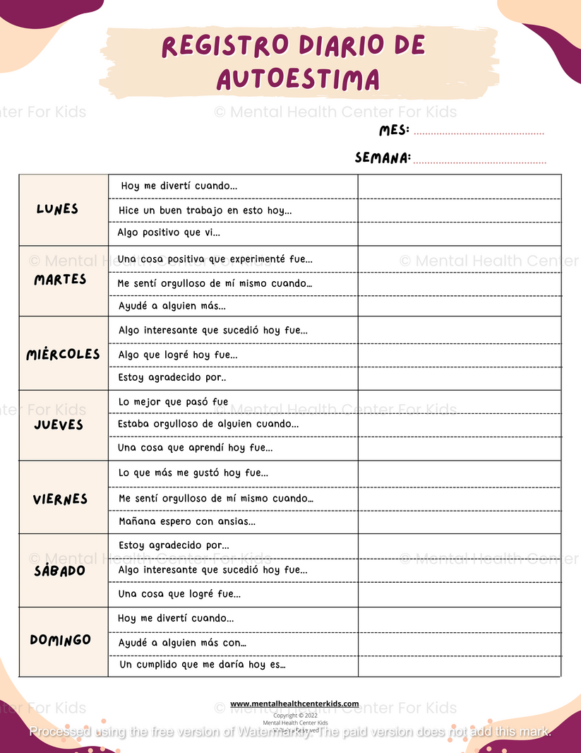 Self-Esteem Daily Check In Worksheet (Spanish Version) – Mental Health ...