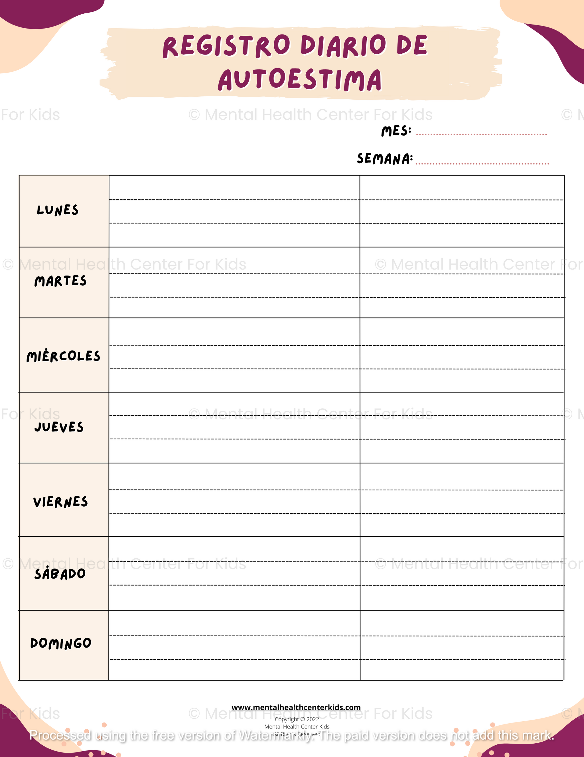 Self-Esteem Daily Check In Worksheet (Spanish Version) – Mental Health ...