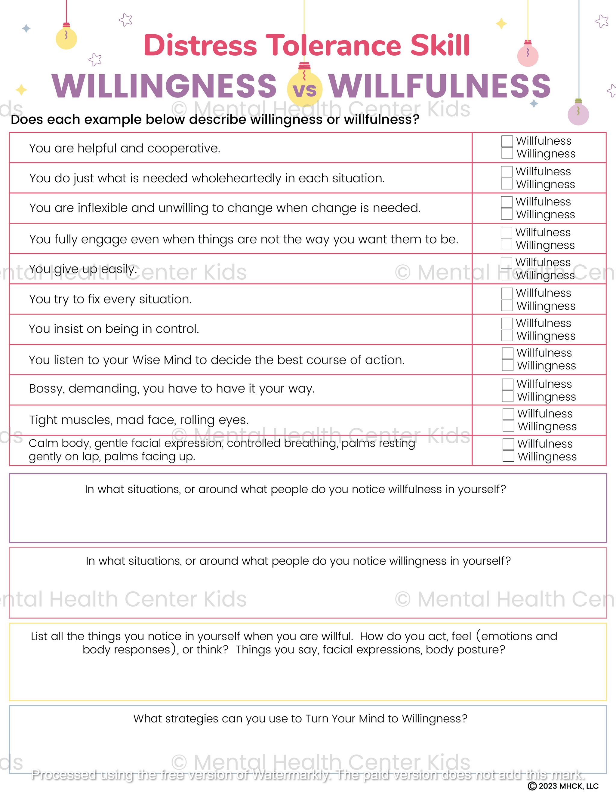 DBT Willingness vs Willfulness Worksheet – Mental Health Center Kids