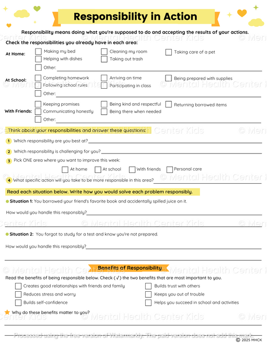 Responsibility Worksheets (2 Pages) – Mental Health Center Kids