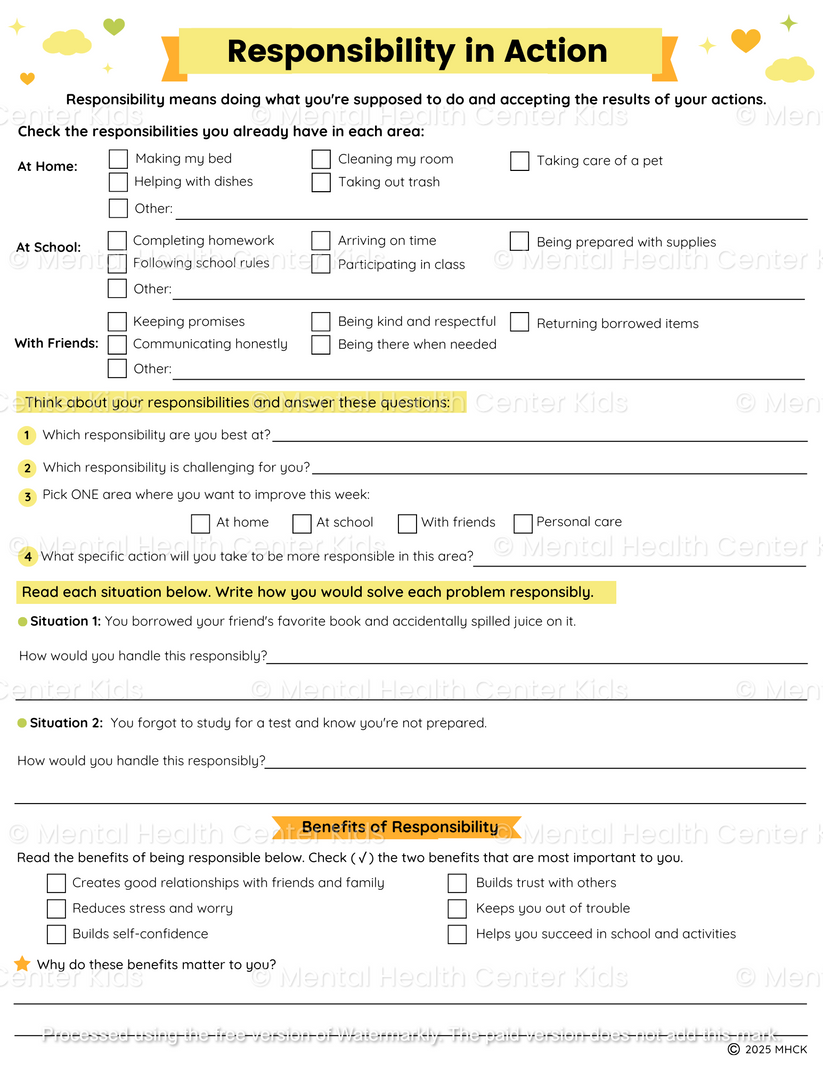 Responsibility Worksheets (2 Pages) – Mental Health Center Kids