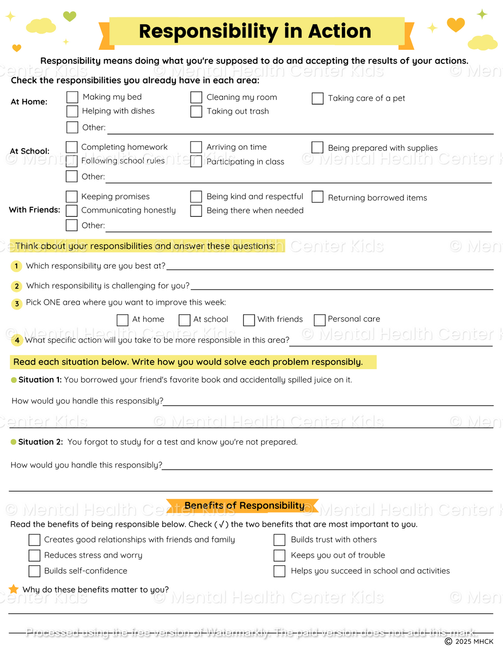 Responsibility Worksheets (2 Pages) – Mental Health Center Kids