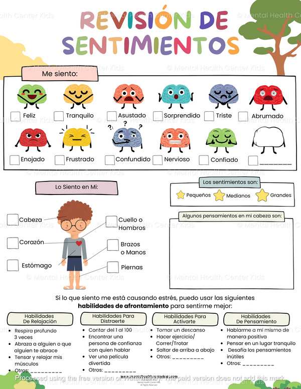 Feelings Check-In Worksheet (Spanish Version) – Mental Health Center Kids