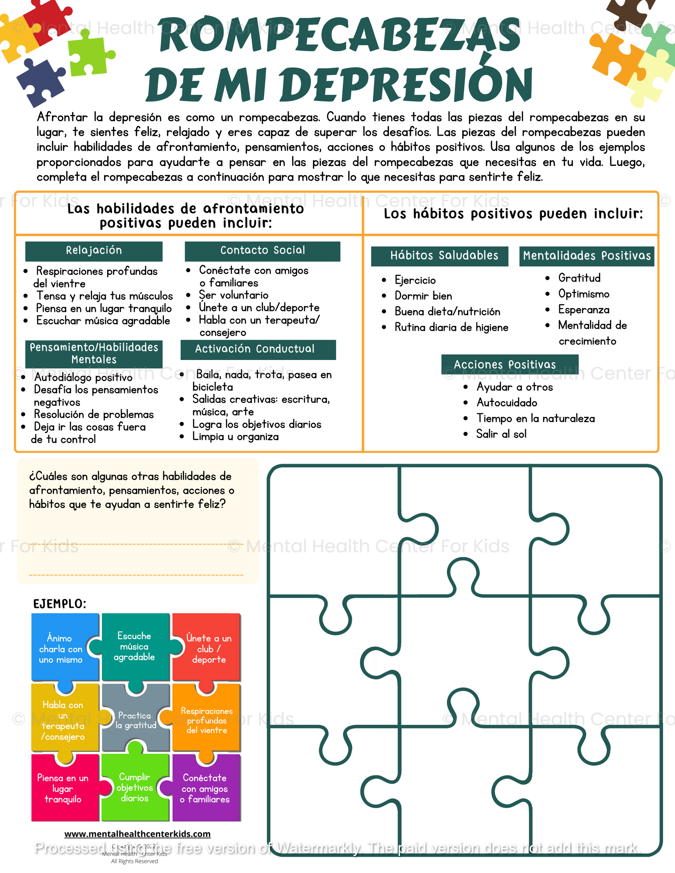 My Depression Jigsaw Puzzle Worksheet (Spanish Version) – Mental Health ...