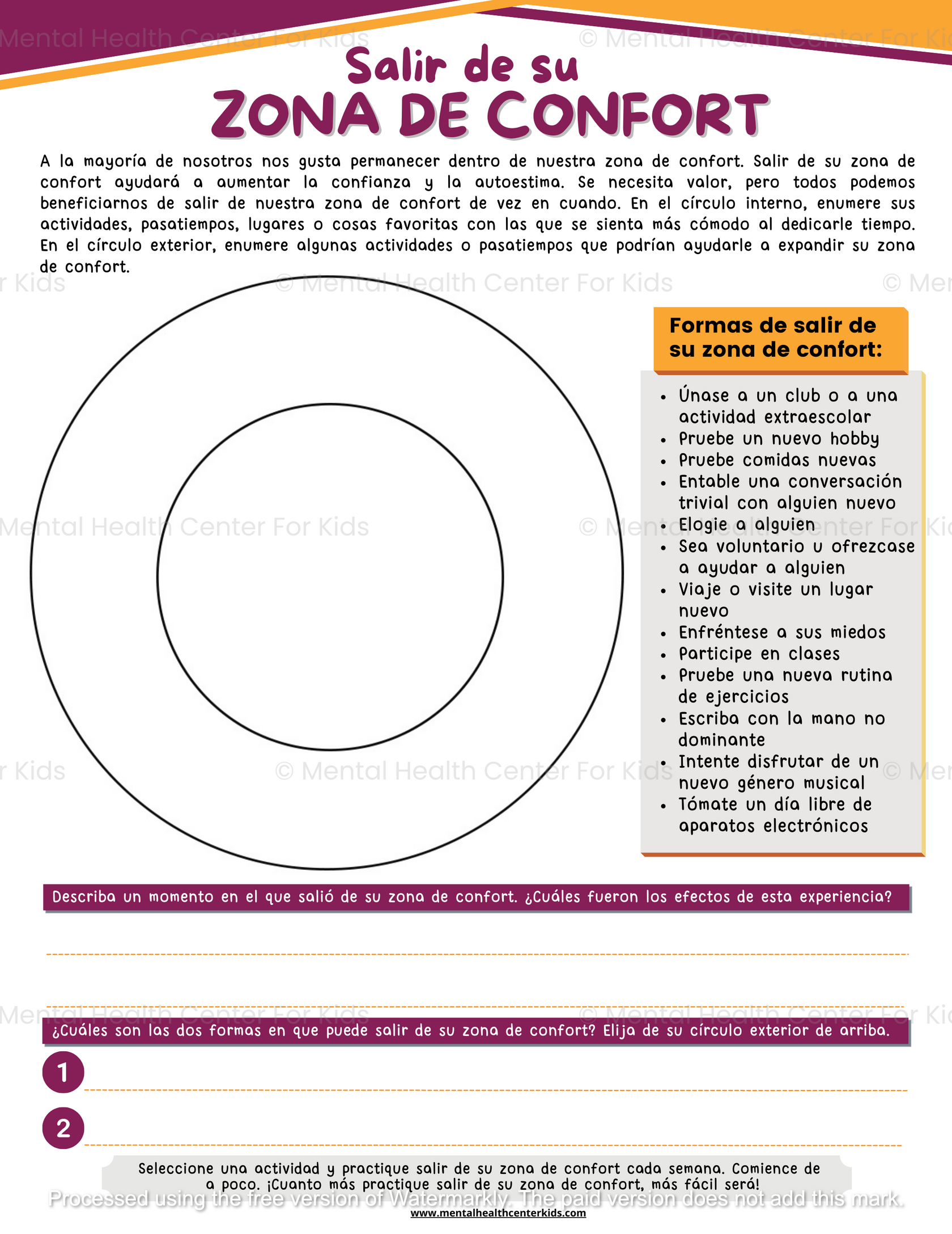Getting Outside Your Comfort Zone Worksheet (Spanish Version) – Mental ...