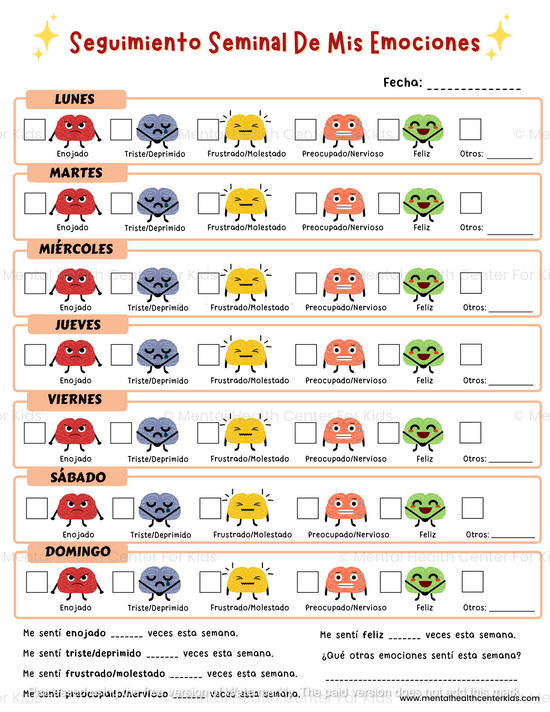 Weekly Emotions Tracker Worksheets (Spanish Version) – Mental Health ...