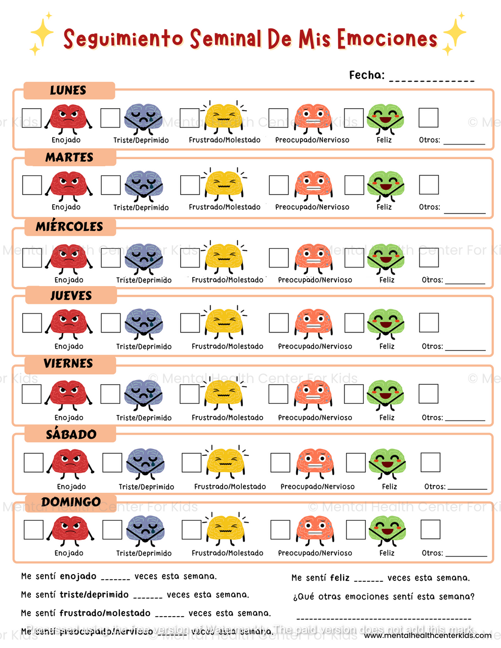 Weekly Emotions Tracker Worksheets (Spanish Version) – Mental Health ...