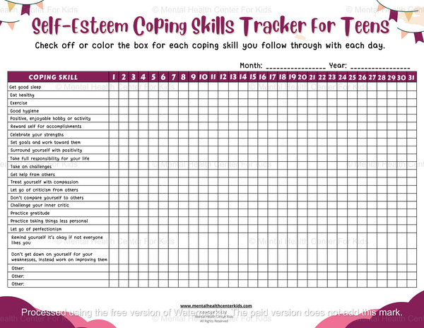 Self-Esteem Coping Skills Tracker for Teens – Mental Health Center Kids