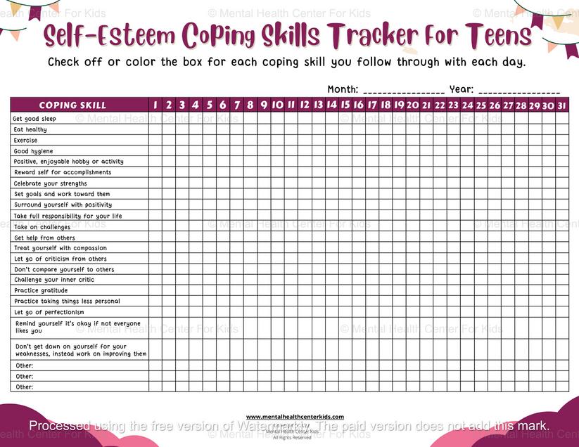 Self-Esteem Coping Skills Tracker for Teens – Mental Health Center Kids
