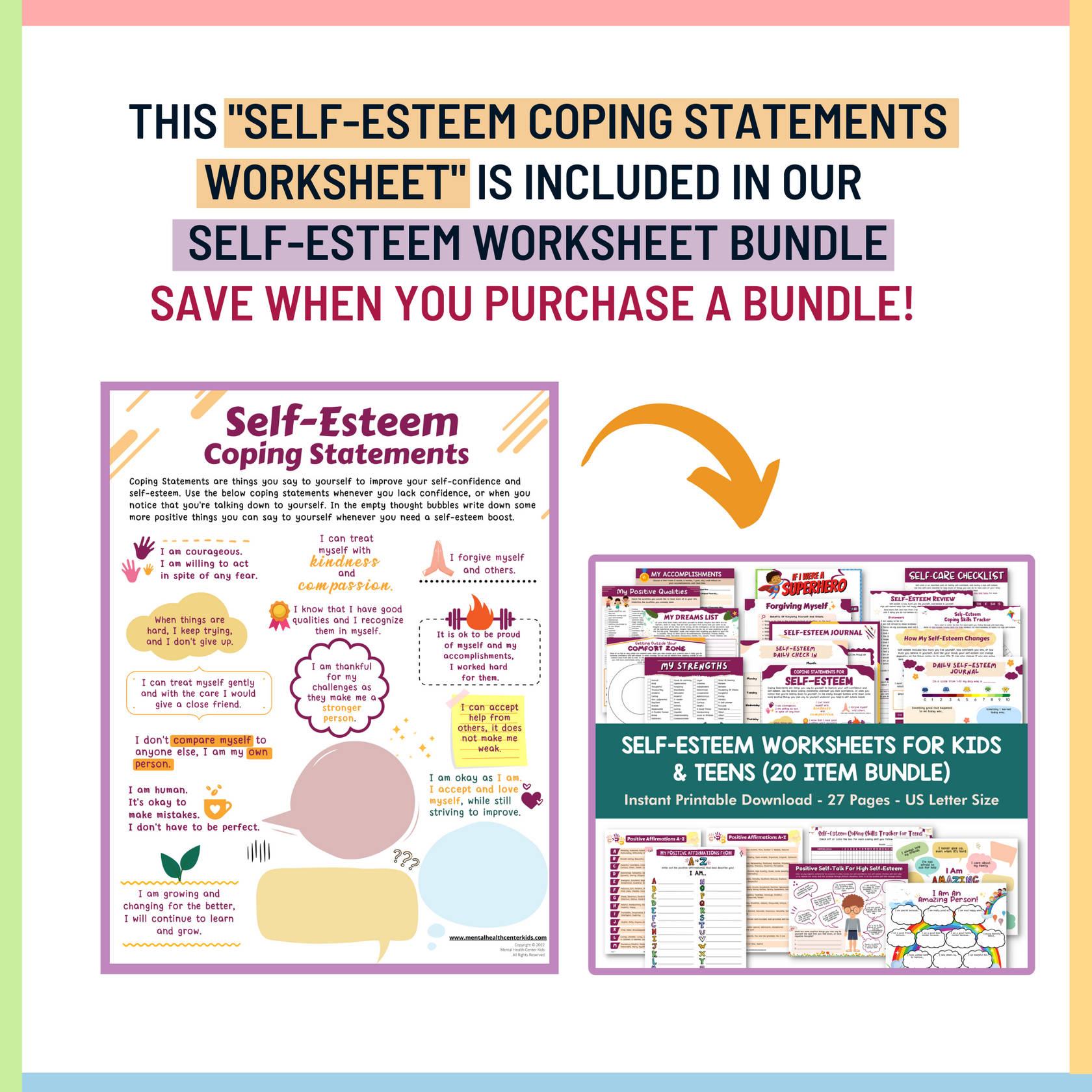 Self-Esteem Coping Statements Worksheet – Mental Health Center Kids