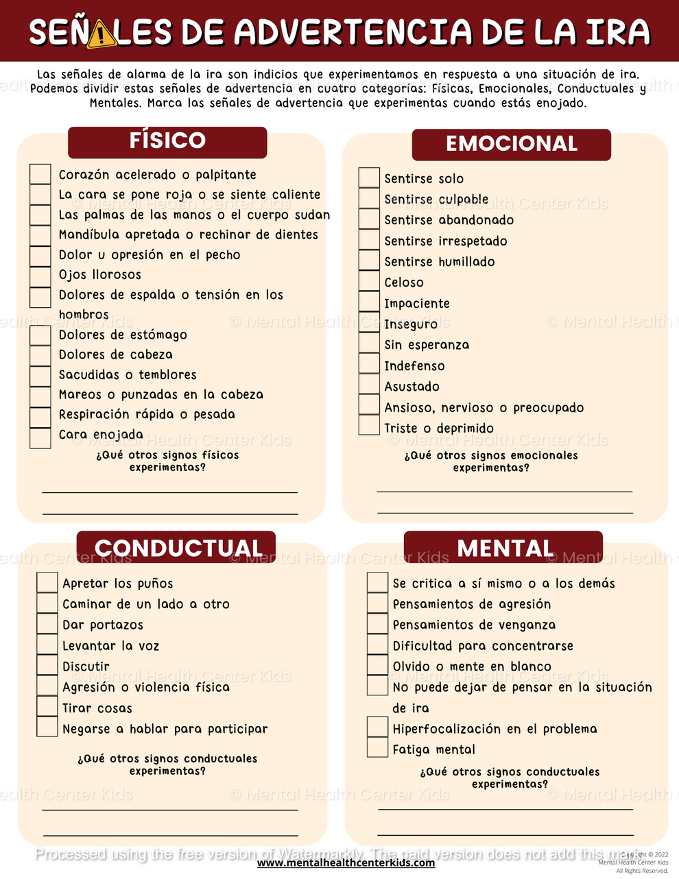 Anger Warning Signs Worksheet (Spanish Version) – Mental Health Center Kids