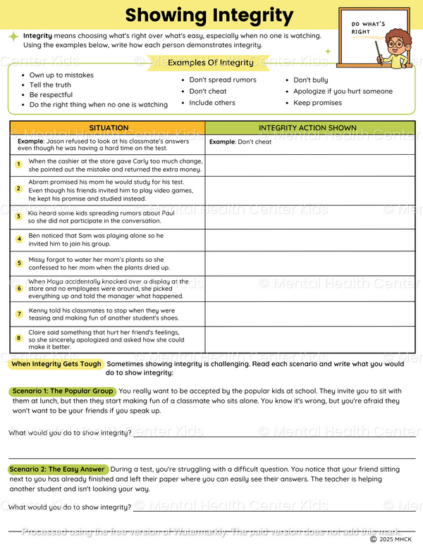 Integrity Worksheets (2 Pages) – Mental Health Center Kids