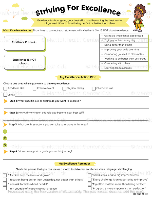 Excellence Worksheets (3 Pages) – Mental Health Center Kids