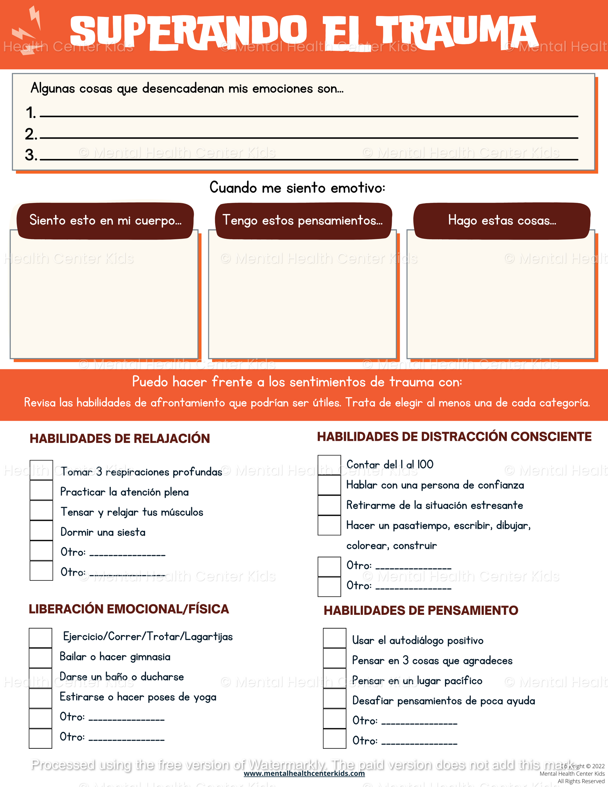 Coping With Trauma Worksheet (Spanish Version) – Mental Health Center Kids
