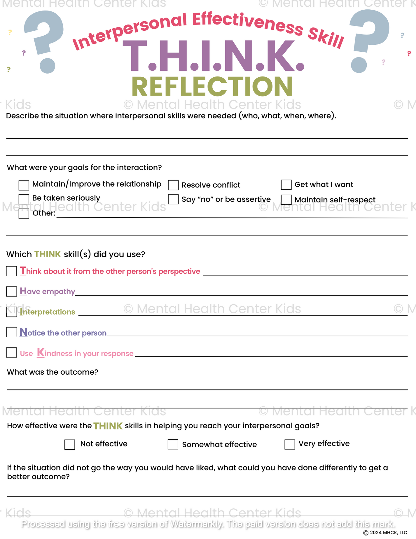 DBT THINK Skill Worksheet – Mental Health Center Kids